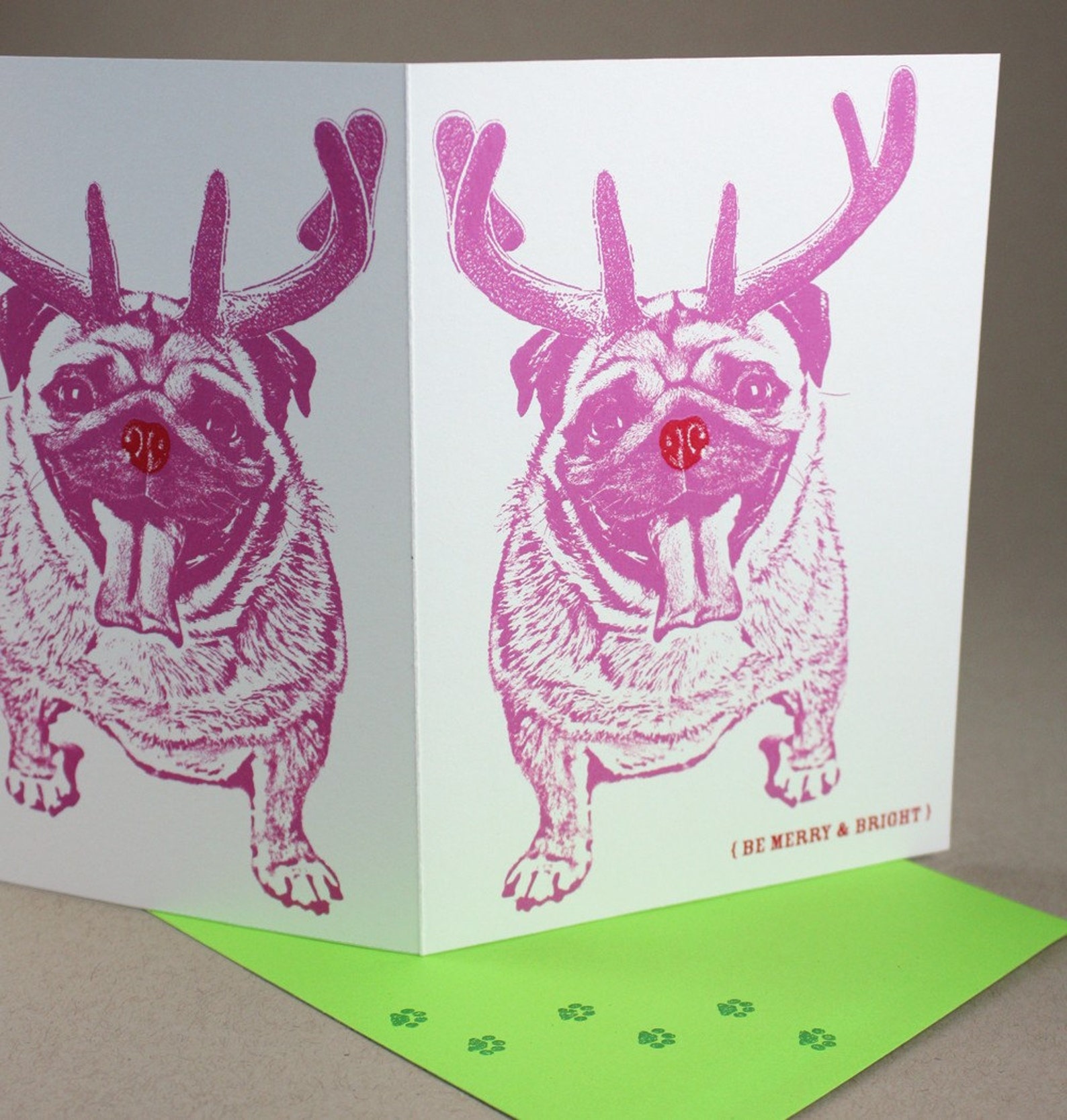 Pug a La Rudolph, Merry and Bright Holiday Cards 4 Pack - Etsy