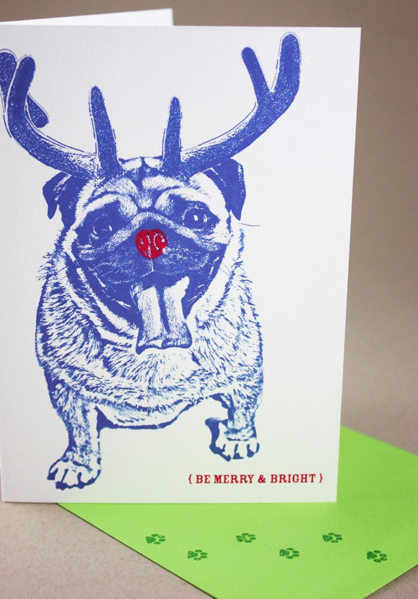 Pug a La Rudolph, Merry and Bright Holiday Cards 4 Pack - Etsy