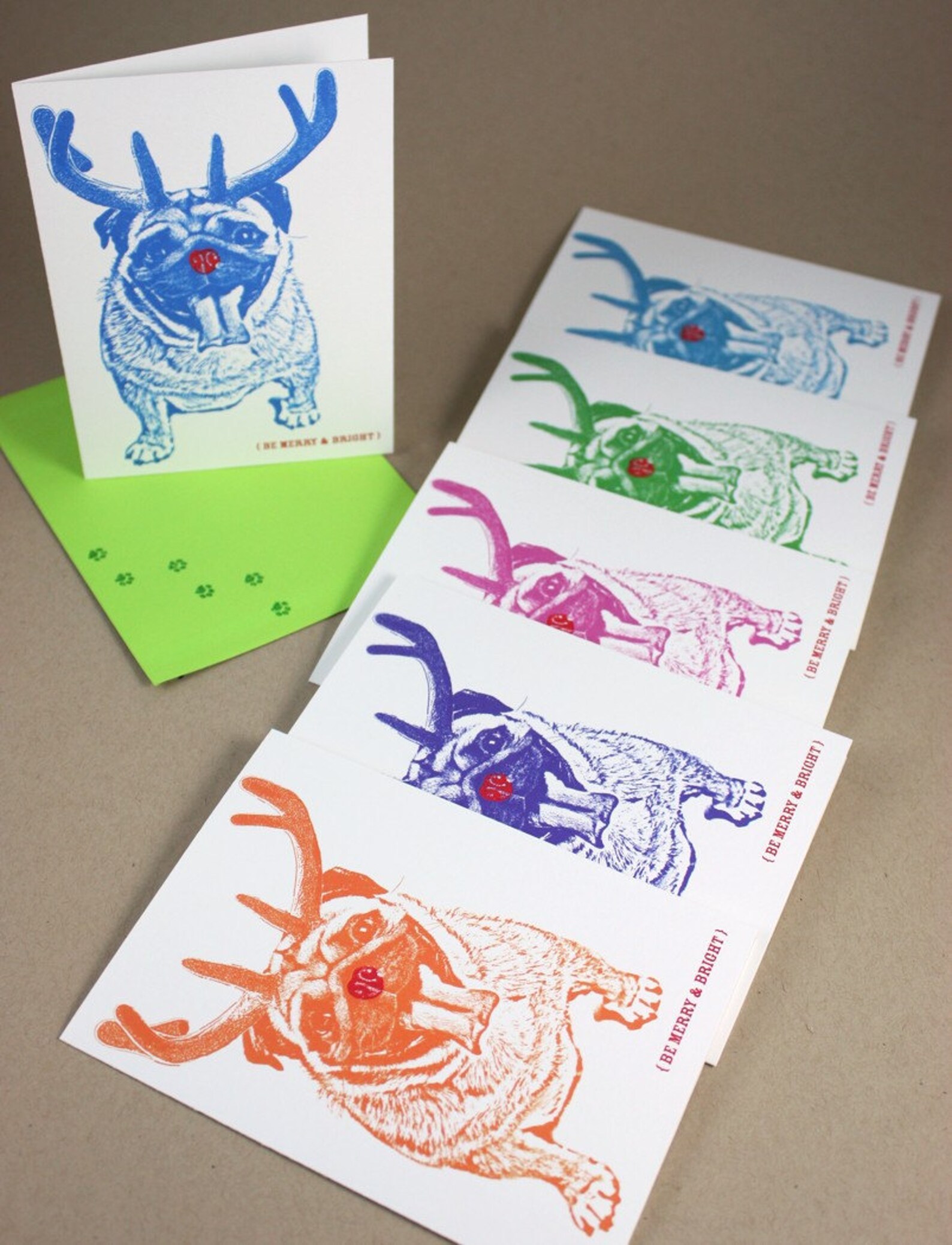 Pug a La Rudolph, Merry and Bright Holiday Cards 4 Pack - Etsy