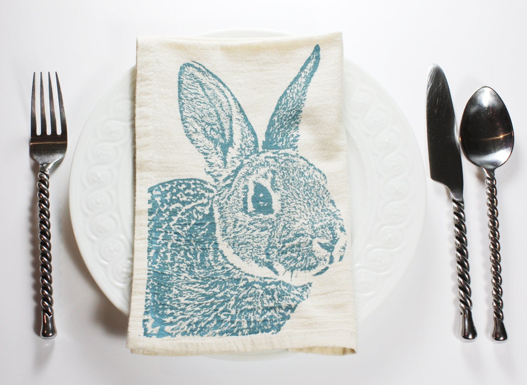 Fuzzy Bunny Napkins in Dusty Blue, Rabbit Napkins - Hand Printed Flour ...