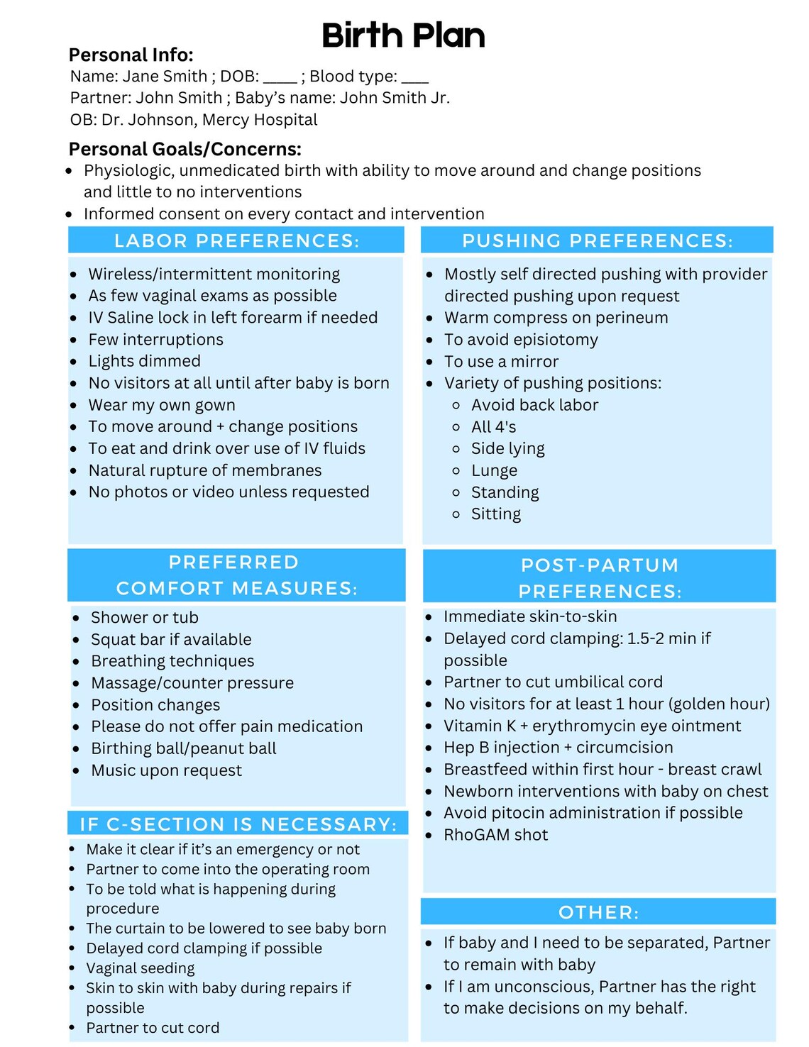 Fully Customizable Birth Plan Template | Labor, Delivery, C-section ...
