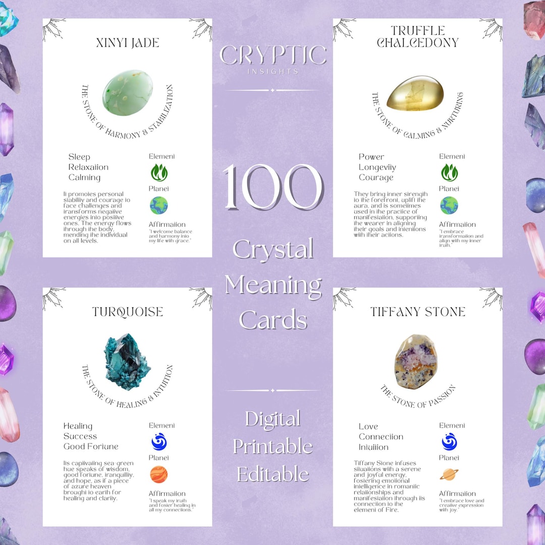 100 Crystal Meaning Cards: Printable Gemstone Guide (editable Canva ...