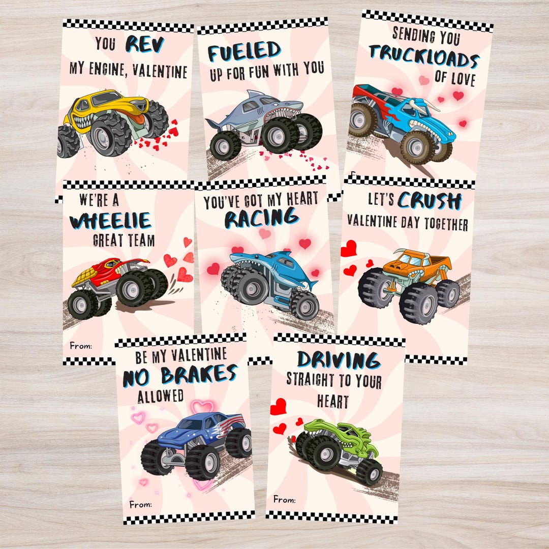 Kids Monster Truck Valentines Cards Printable, Boy Valentine Cards ...