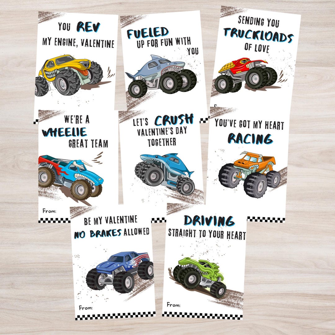 Kids Monster Truck Valentines Cards Printable, Boy Valentine Cards ...