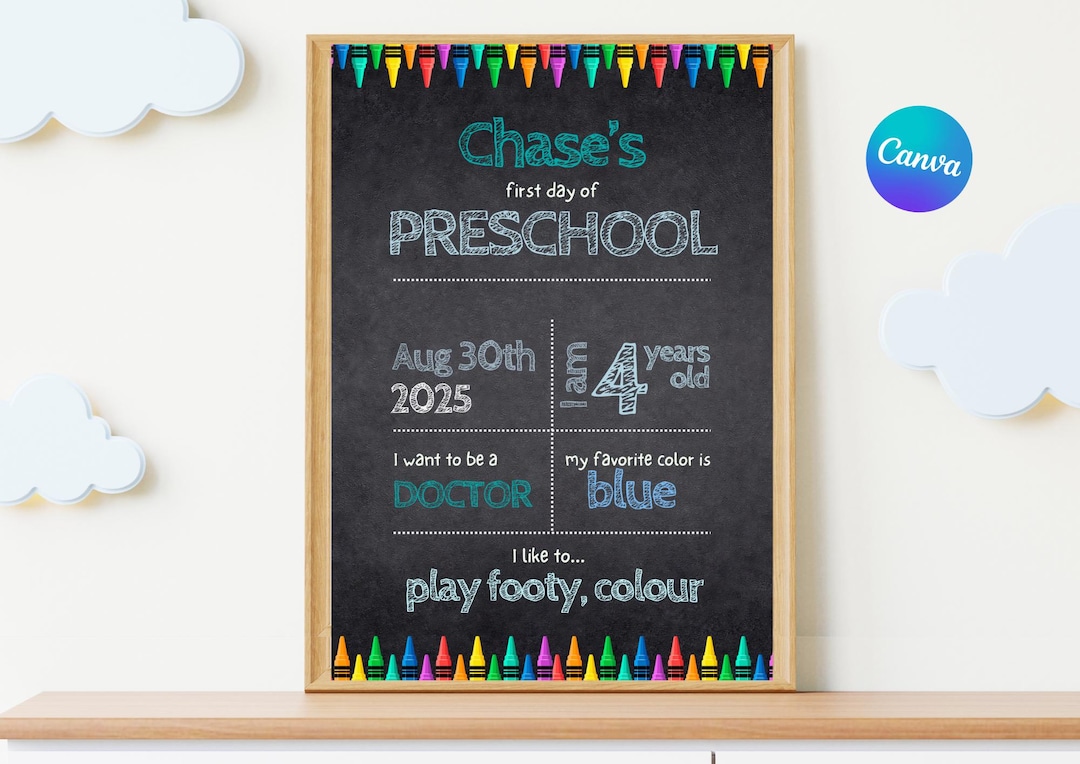 Editable Preschool Chalkboard Sign, Crayon Milestone Poster (canva ...