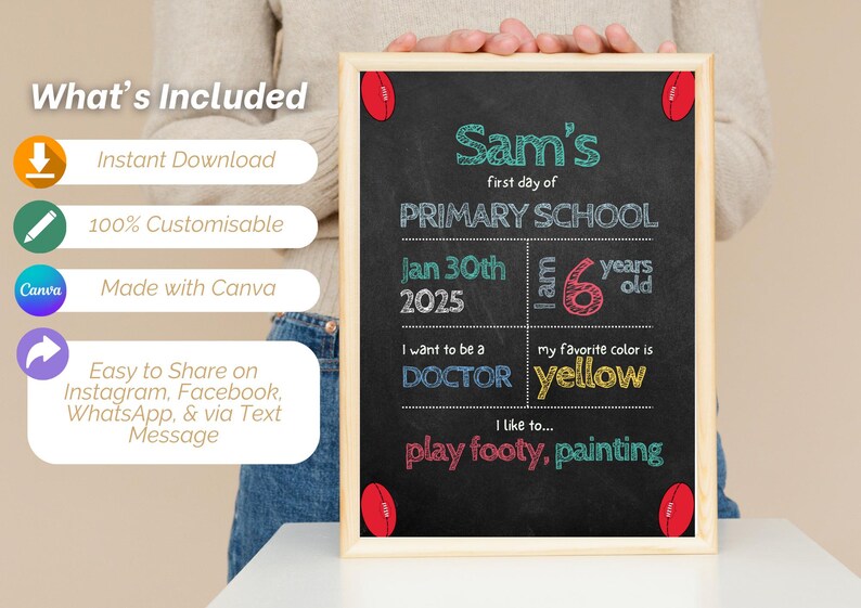 Editable AFL Football First Day of Primary School Sign, Chalkboard ...
