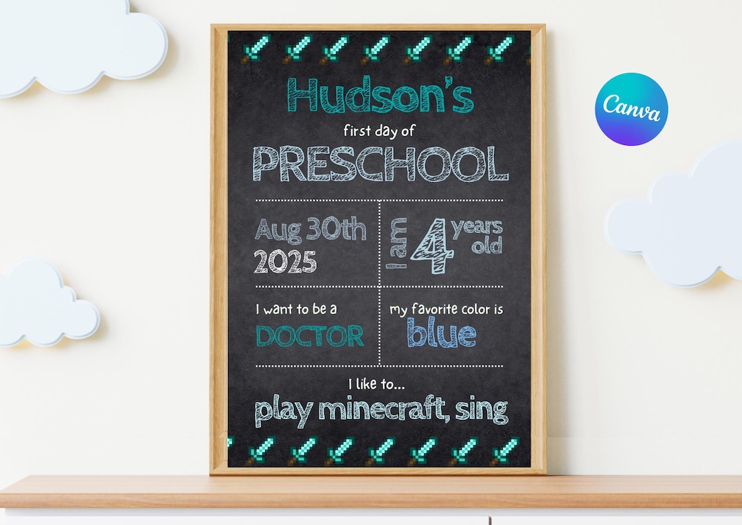 Editable Minecraft-inspired First Day of Preschool Sign, Personalised ...
