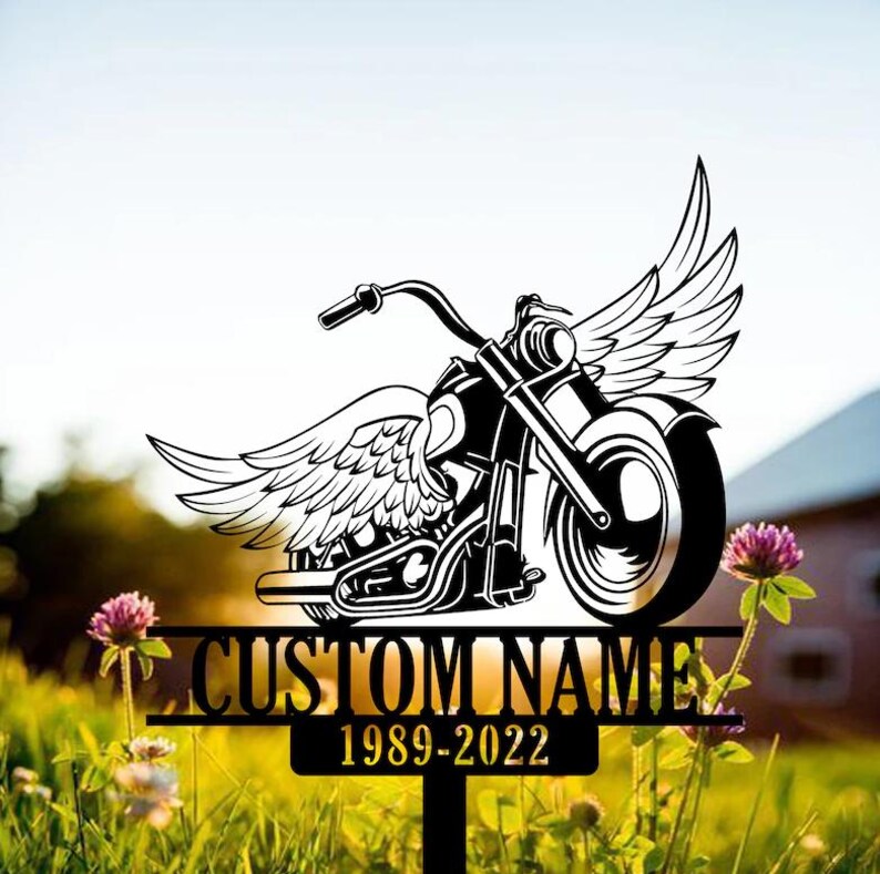 Custom Motorcycle With Wings Metal Stake, Rider Memorial Metal Sign ...