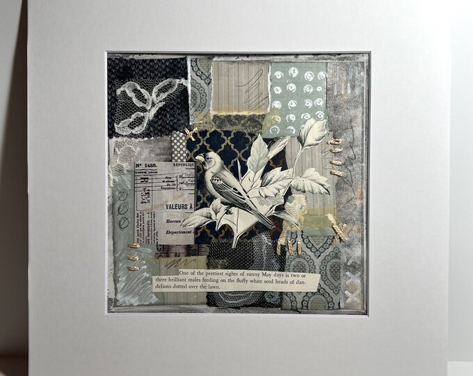 Mixed Media Collage Original Art Indigo Bunting With Mat - Etsy