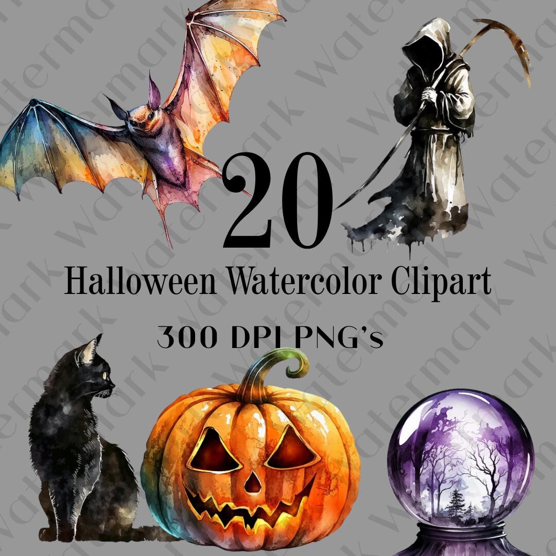 Halloween Watercolor Clipart Bundle: Pumpkins, Ghosts, Witches (20 PNG ...