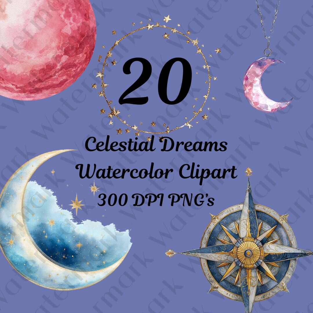 Celestial Dreams Clipart Bundle: Moon, Stars, Crystals, Boho (20 PNG ...