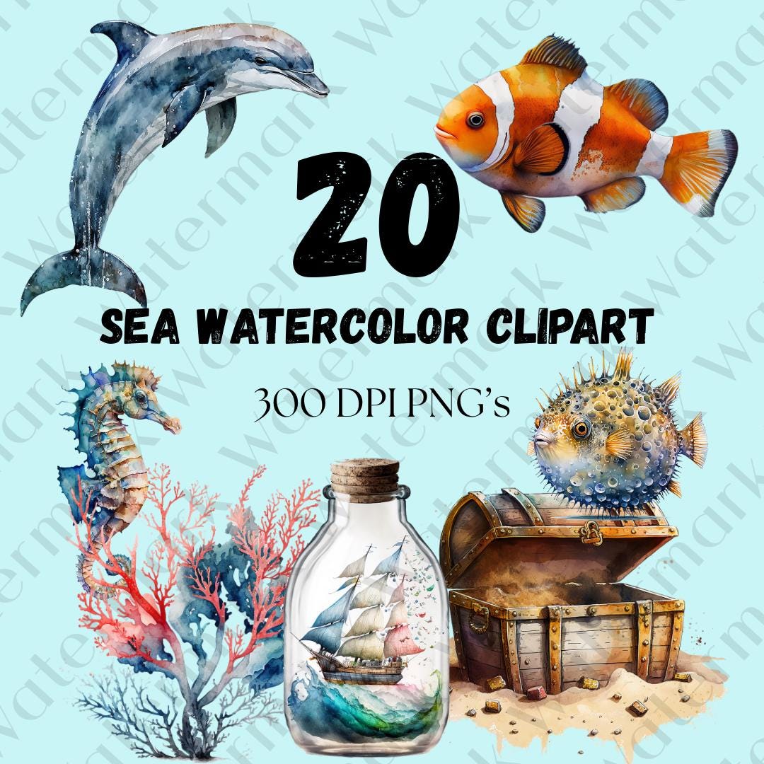 Sea Life Watercolor Clipart Bundle: Ocean Animals, Nautical Decor (20 ...