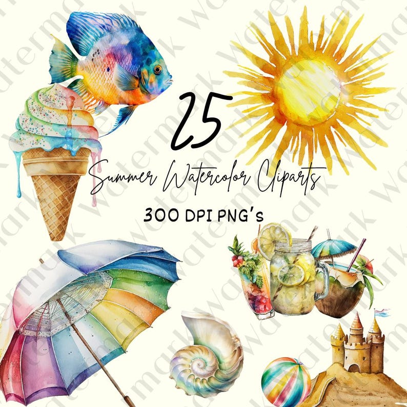 Summer Watercolor Clipart Bundle – 25 PNG Images | Beach, Fruits ...