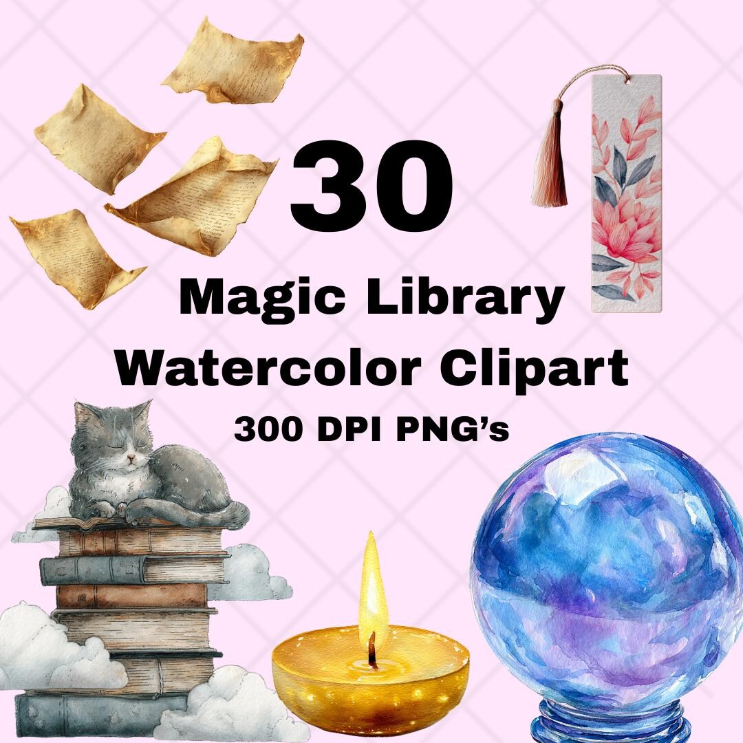 Magic Library Clipart Bundle: Spell Books, Runes, Floating Quills (30 ...