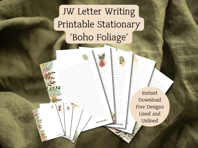 JW Letter Writing Paper Template, Boho Foliage, Vase, Instant Download ...