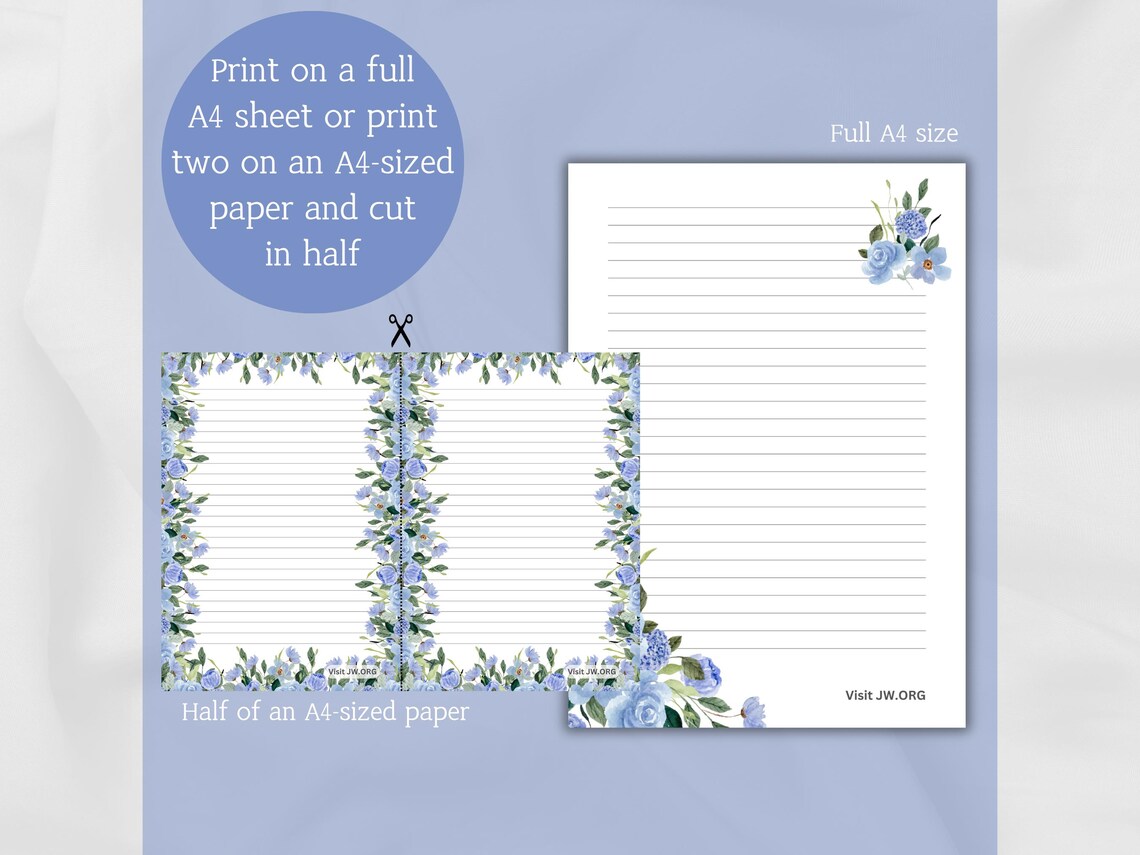 JW Letter Writing Paper Template, Blue Flowers Roses Hydrangeas Instant ...