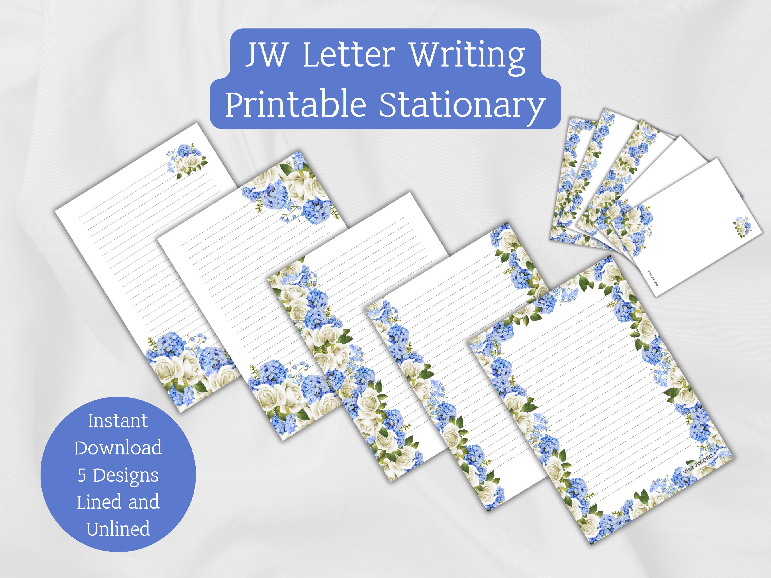 JW Letter Writing Paper Template, White Rose Blue Hydrangea, Instant ...
