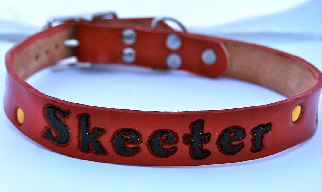 Leather Dog Collar With NEW LOWER Case FONT One Inch Width With Id Tag ...