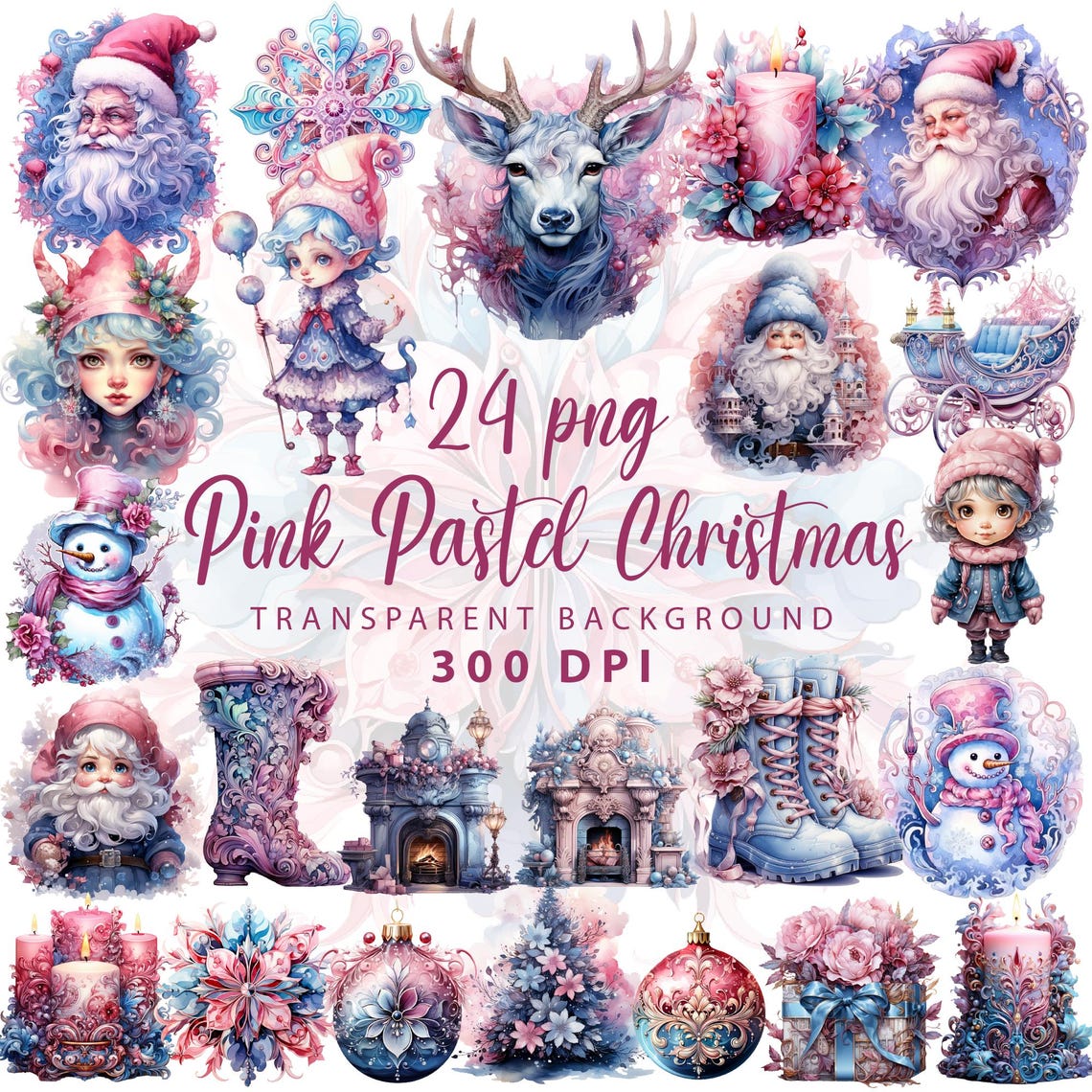 Pink Pastel Christmas Clipart PNG Bundle, Winter Christmas Card Clipart ...