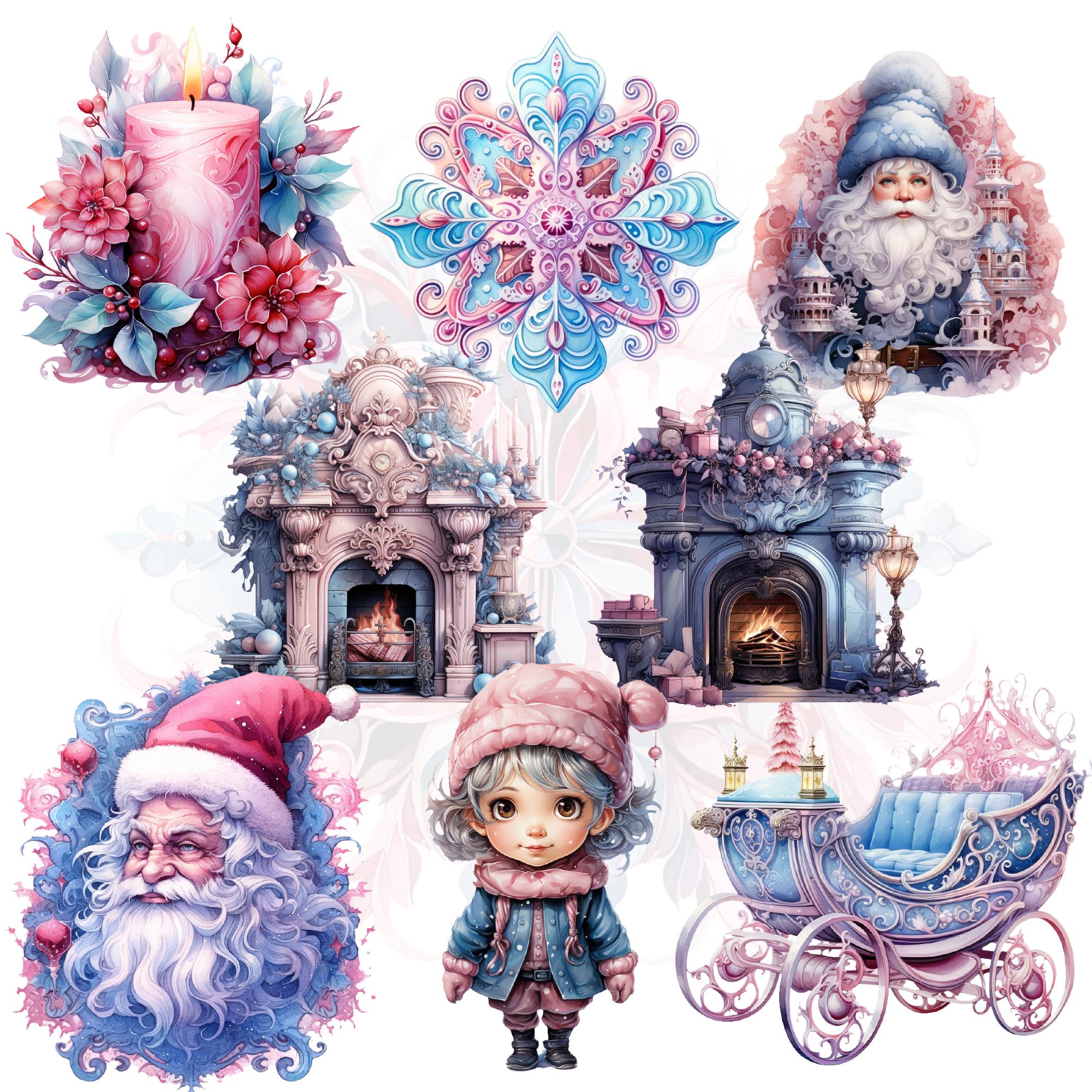 Pink Pastel Christmas Clipart PNG Bundle, Winter Christmas Card Clipart ...