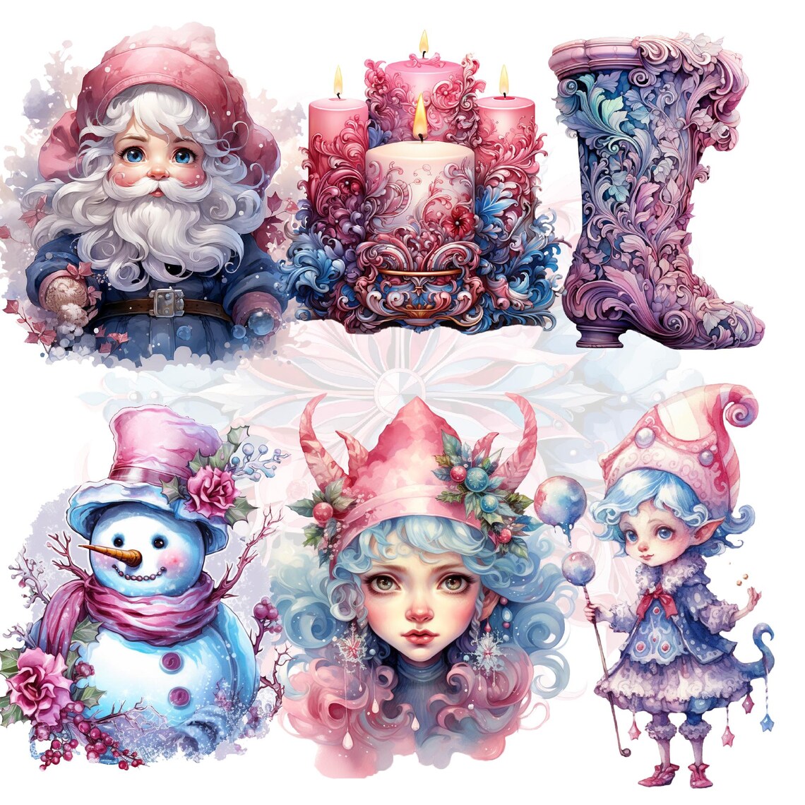 Pink Pastel Christmas Clipart PNG Bundle, Winter Christmas Card Clipart ...