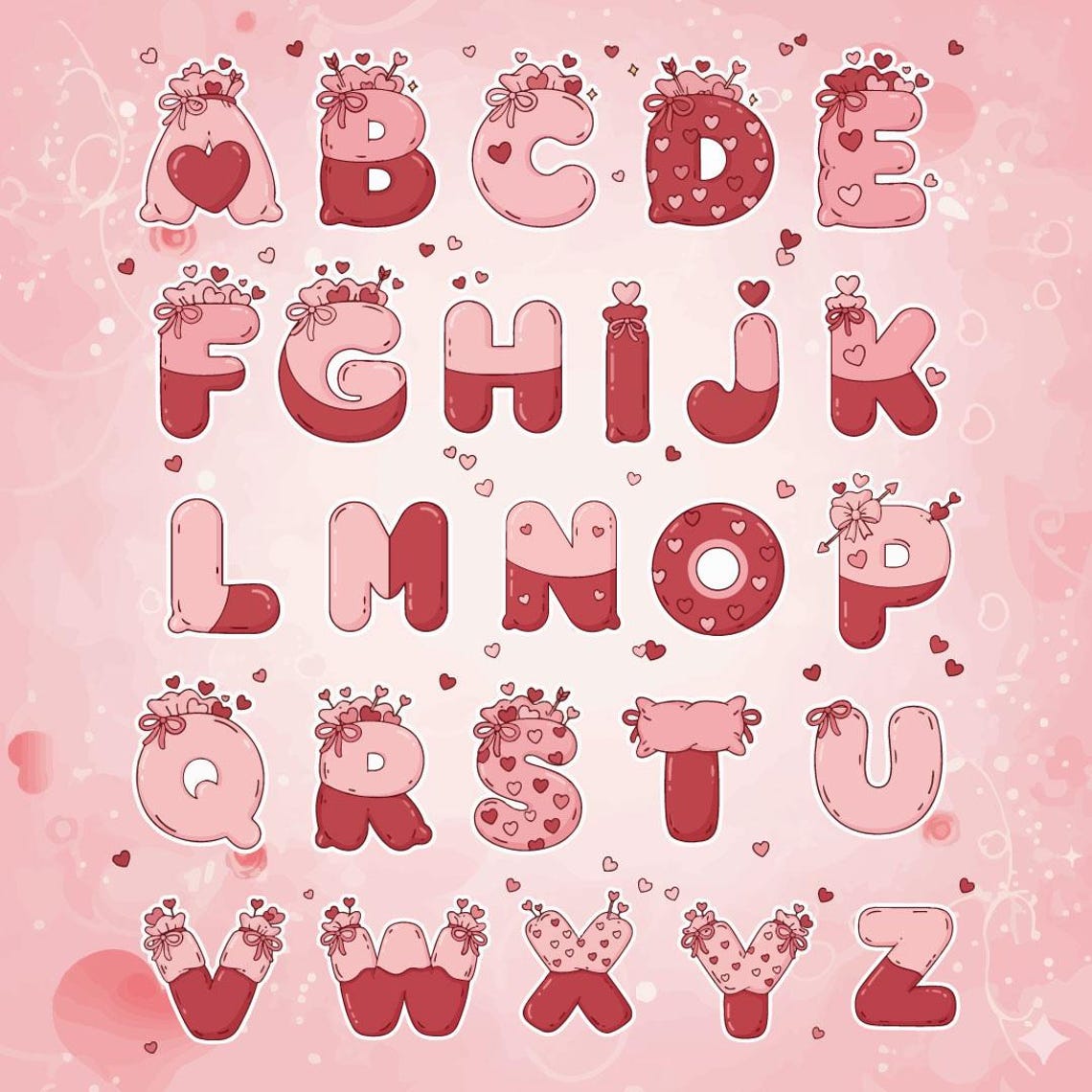 Sweetheart Doodle Alphabet Clipart: Pink & Red Love Letters (digital ...