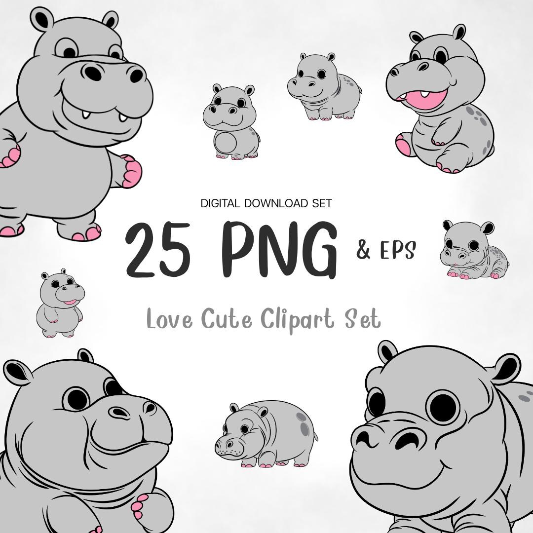 Cute Baby Hippo Clipart Bundle | Kawaii Hippopotamus PNG & EPS | Safari ...
