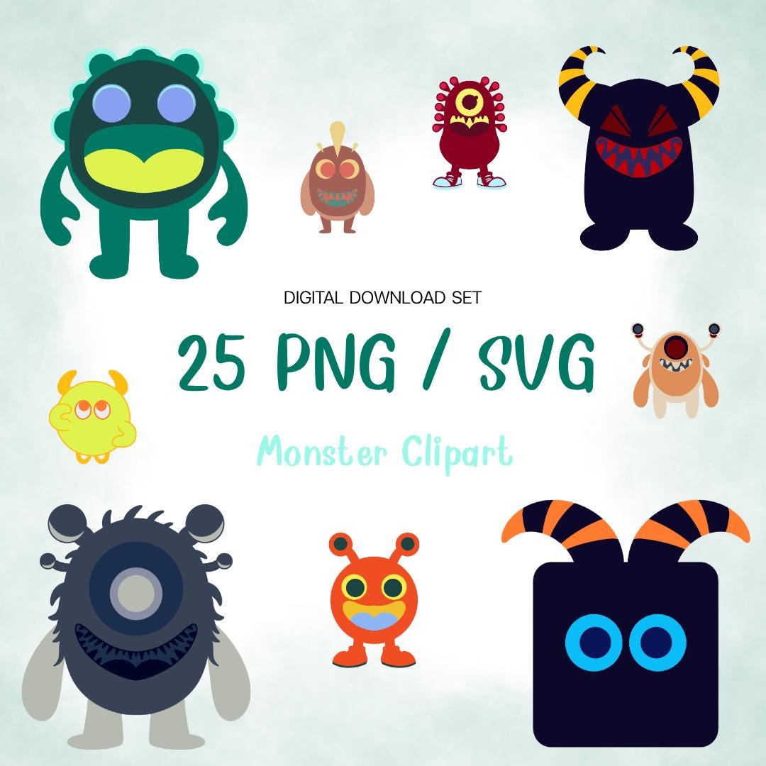 Monster Clipart Set | 25 Cartoon Alien Stickers (PNG SVG EPS Digital ...