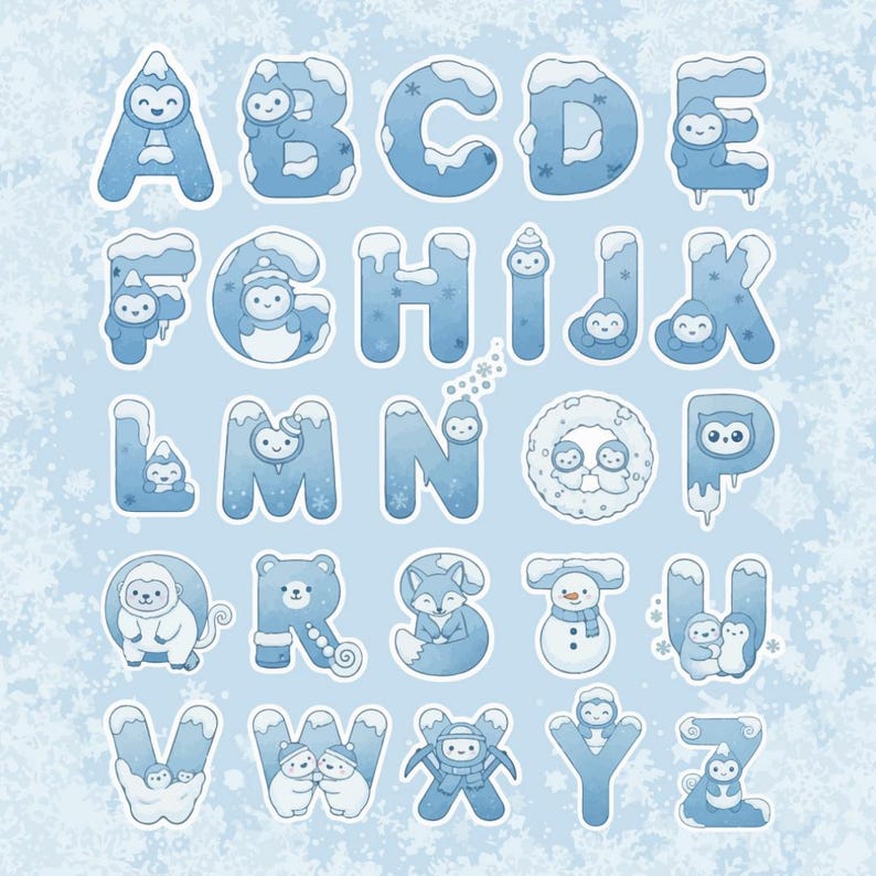 Winter Alphabet Clipart | Snow Font With Animals (PNG, SVG, EPS) - Etsy