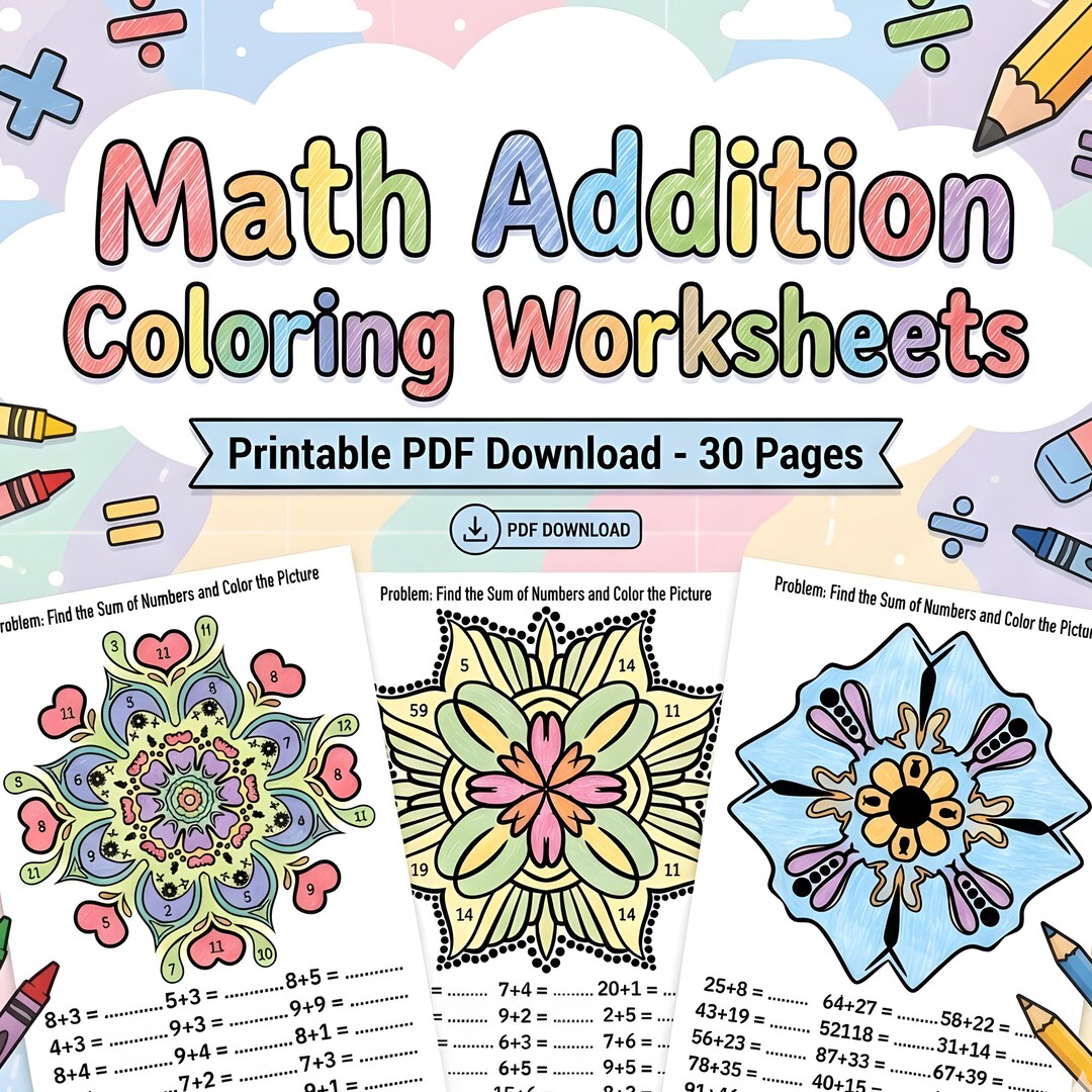 Math Addition Coloring Worksheets | Printable PDF | Color by Sum ...