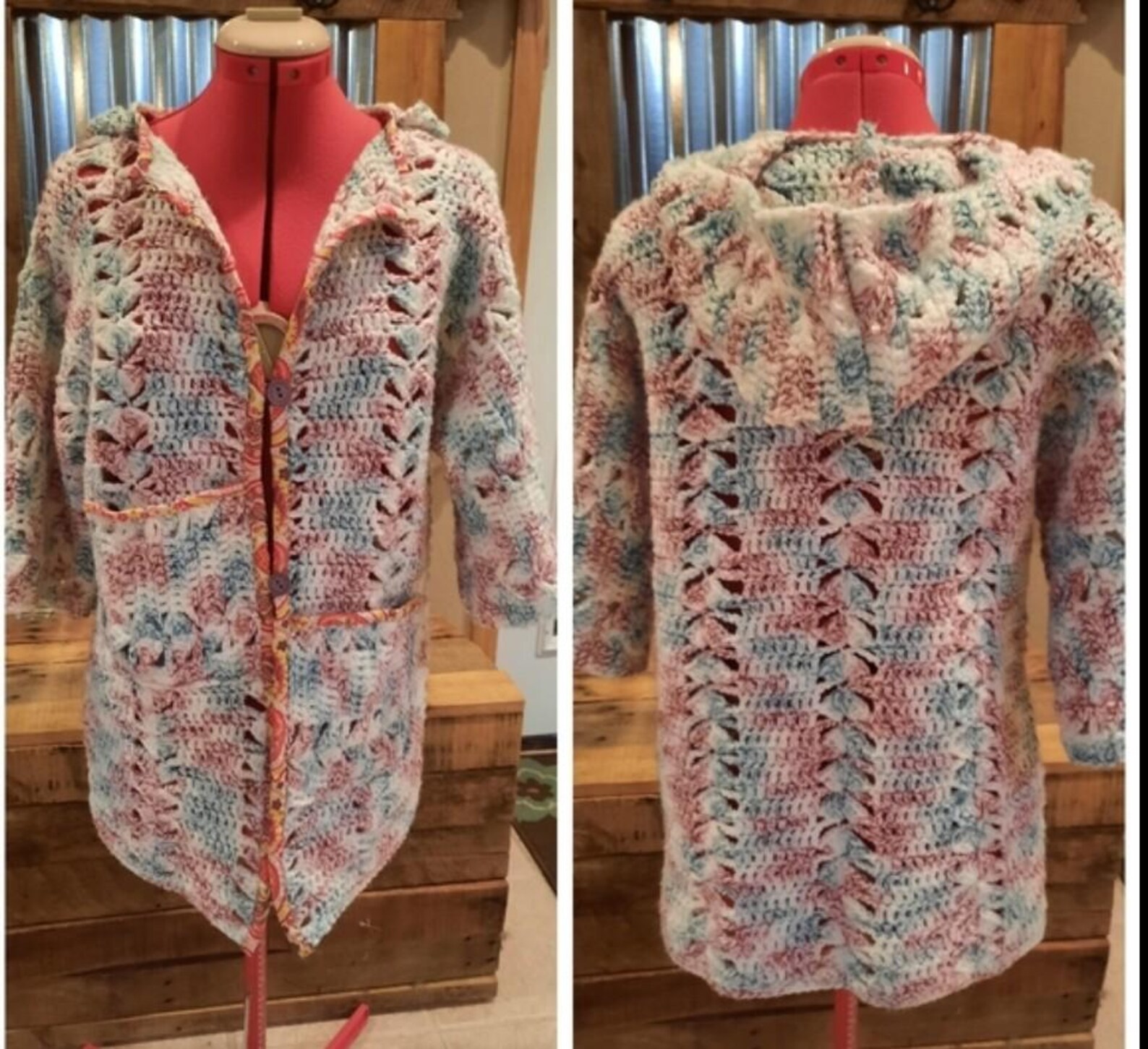 Upcycled Vtg Afghan Blanket Coat M Red White & Blue Handmade Don't ...