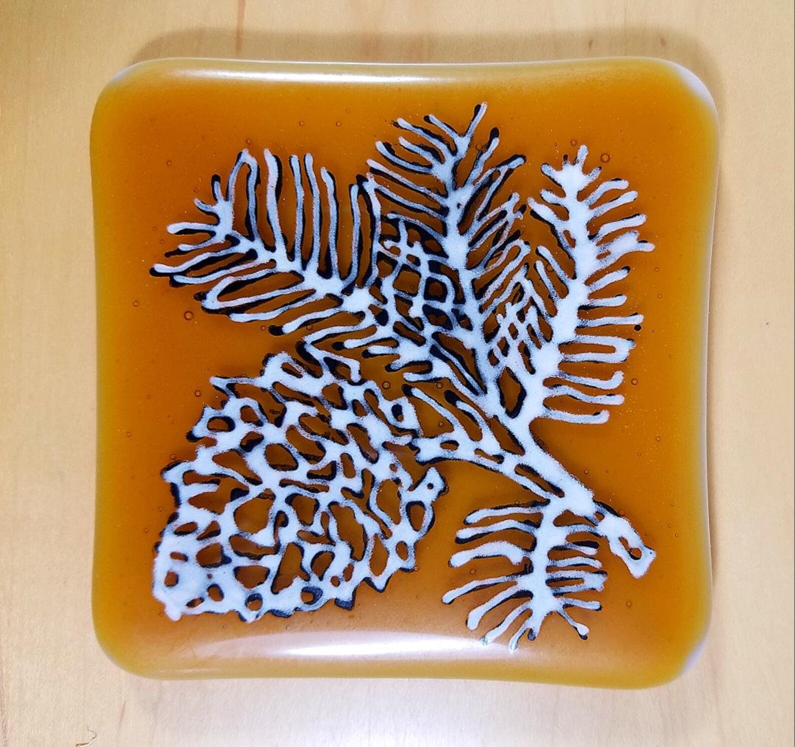 Fused Glass Coasters With Hand Drawn Pine Cone Design in White Enamel ...