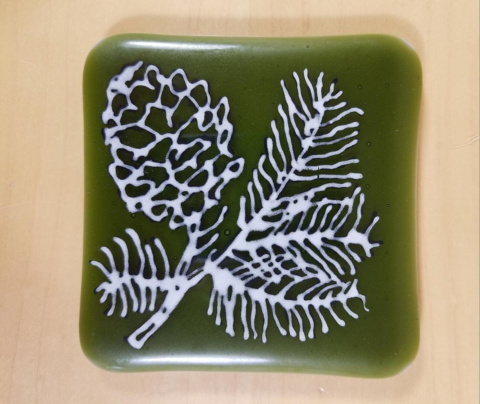Fused Glass Coasters With Hand Drawn Pine Cone Design in White Enamel ...