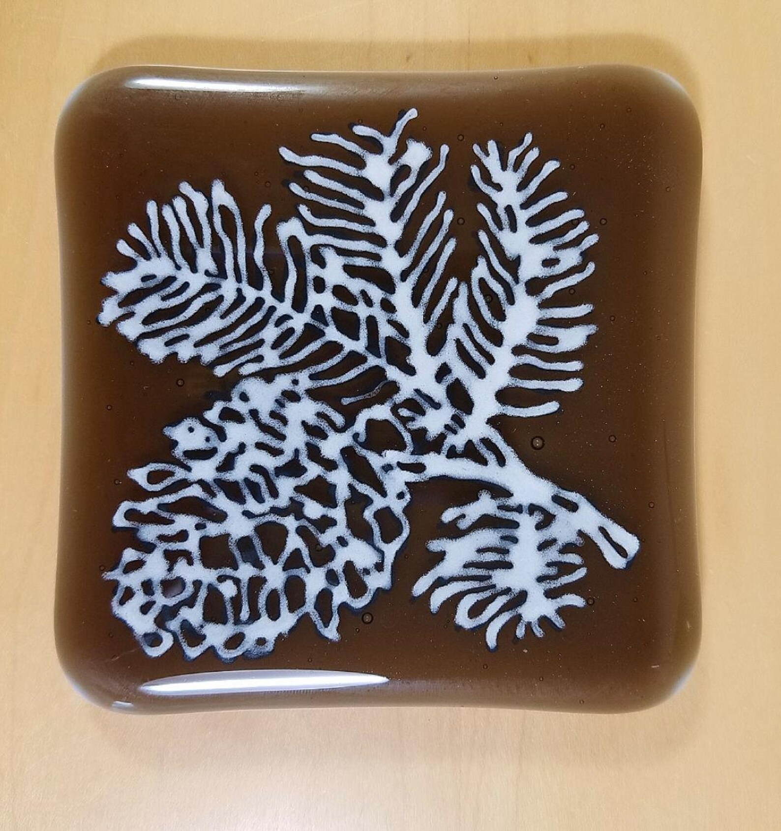 Fused Glass Coasters With Hand Drawn Pine Cone Design in White Enamel ...
