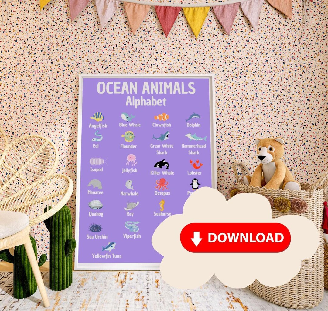 Alphabet Poster Ocean Animals, Digital Download Educational Wall Art ...