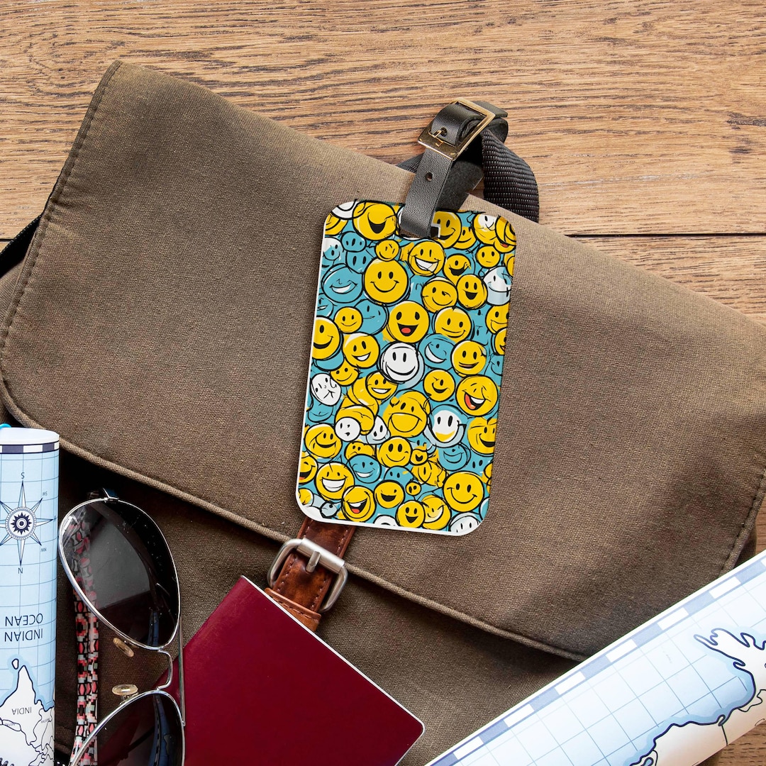 Luggage Tag, Playful Blue Yellow Smiley Faces, Cute Unique Travel Bag ...