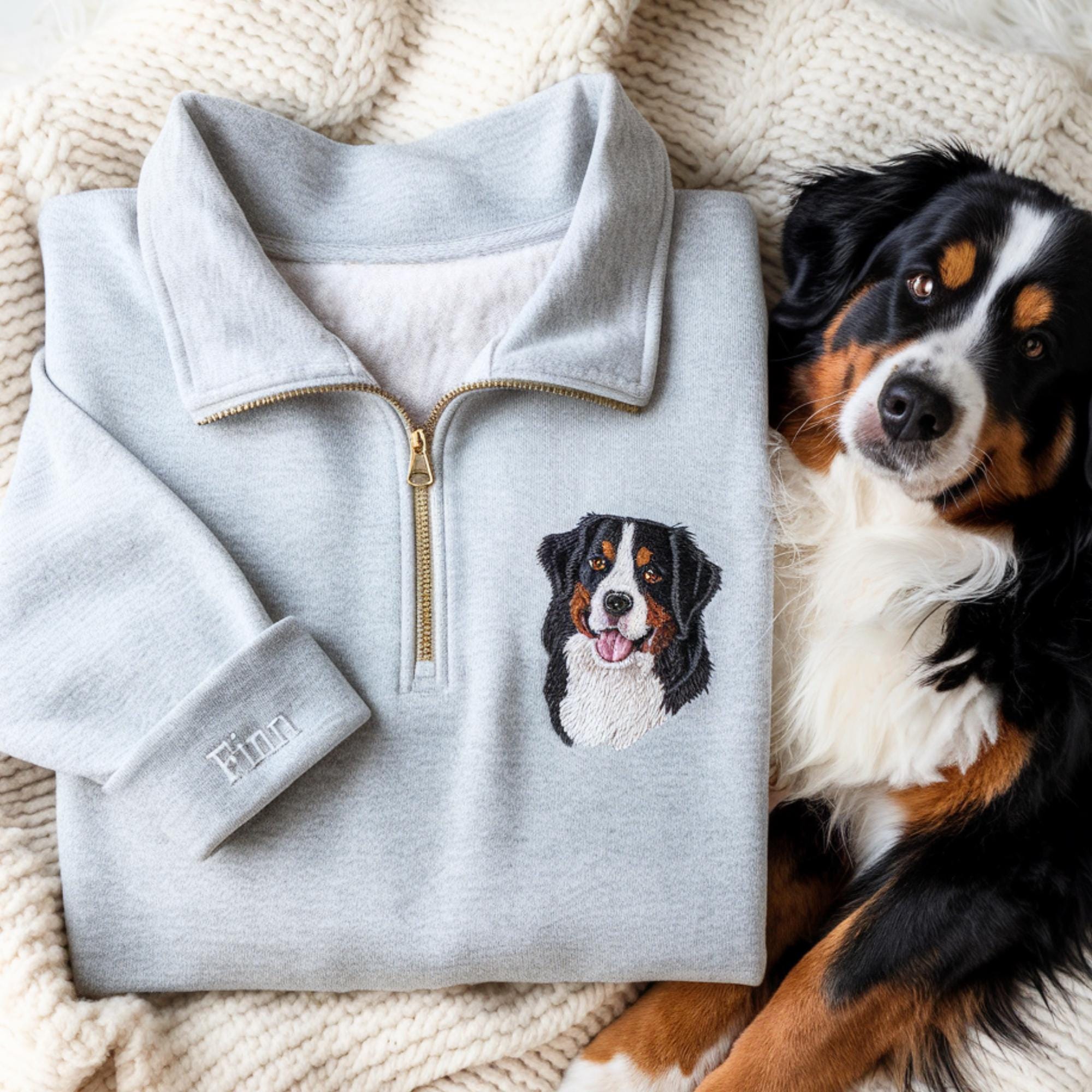 Custom Pet Portrait Embroidered Quarter Zip Sweatshirt, Personalized ...