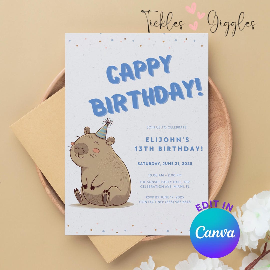 CAPYBARA Invitation Birthday Minimalistic Template, Teenage Birthday ...