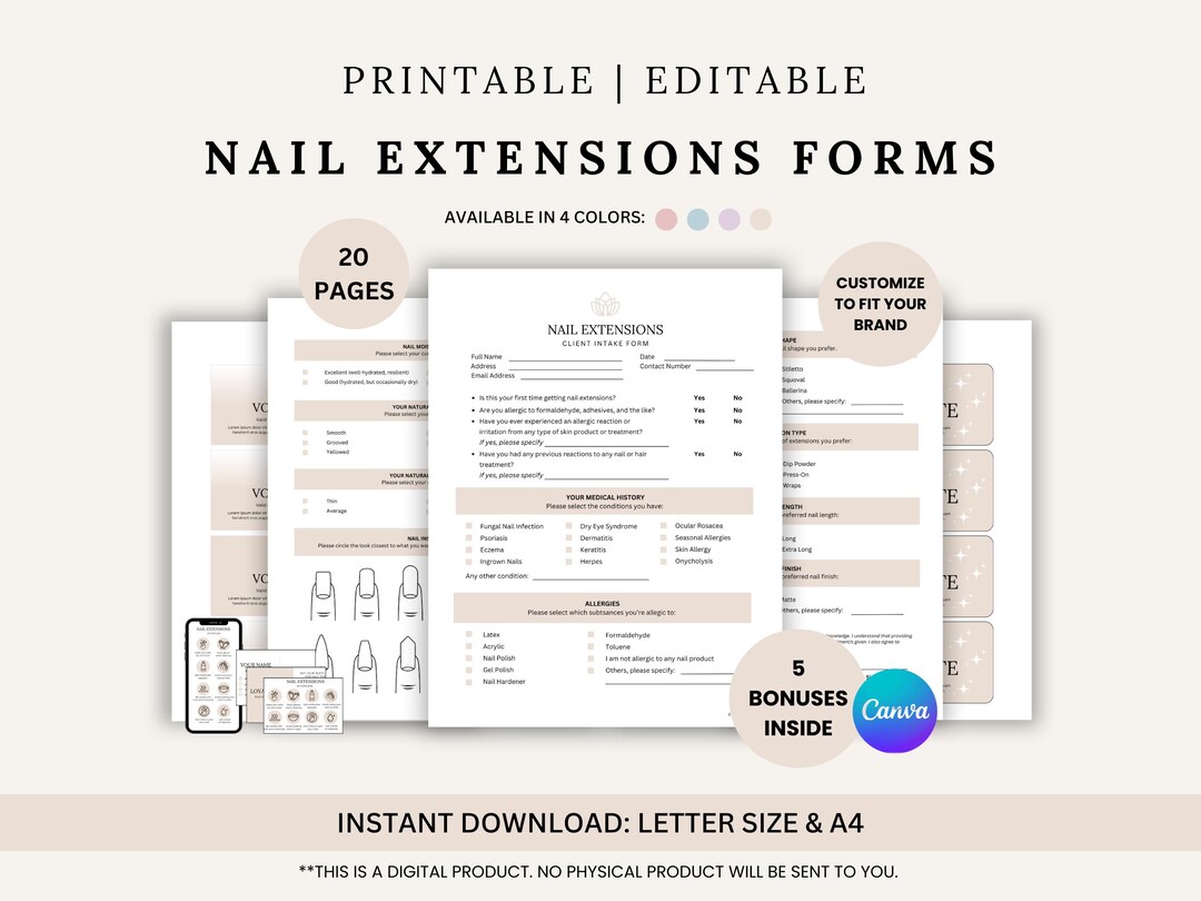 Extension Nail Tech Form Bundle Nail Salon Form Intake Gel Nail ...