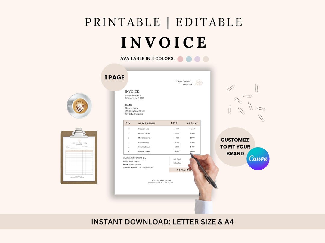 Editable Invoice Template Printable Fillable Tracker Invoice Pink ...