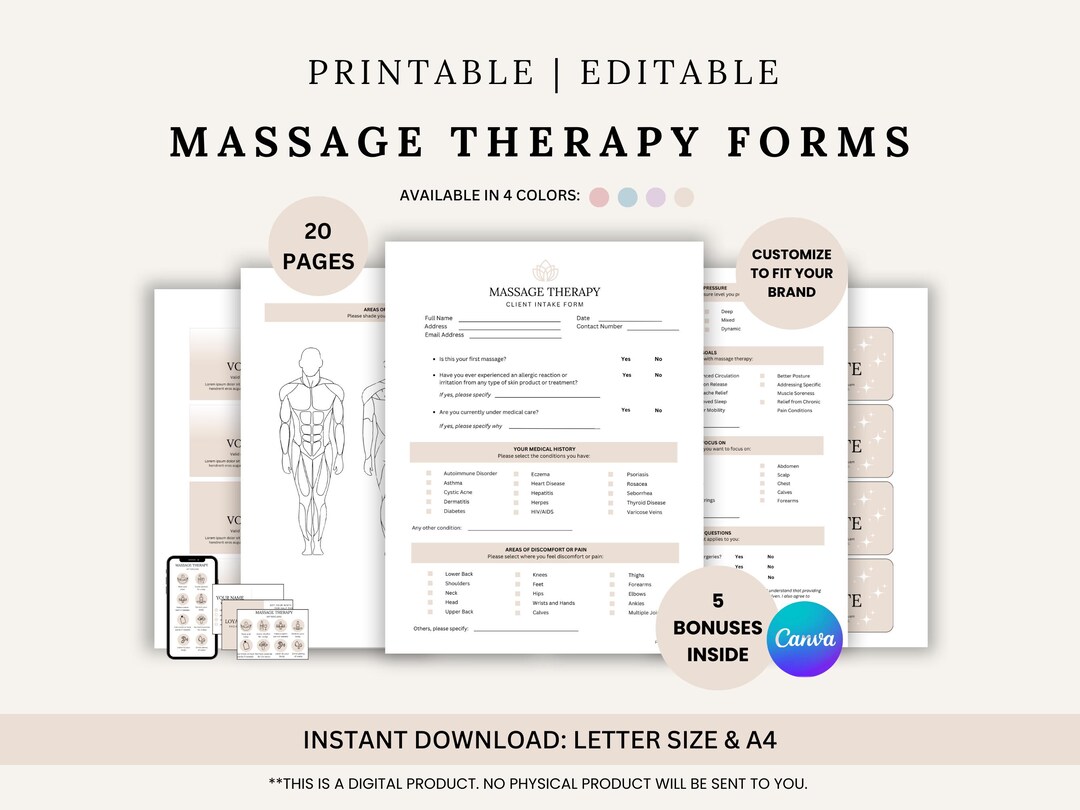 Form Massage Therapy Template Bundle Record Massage Parlor Intake Form ...