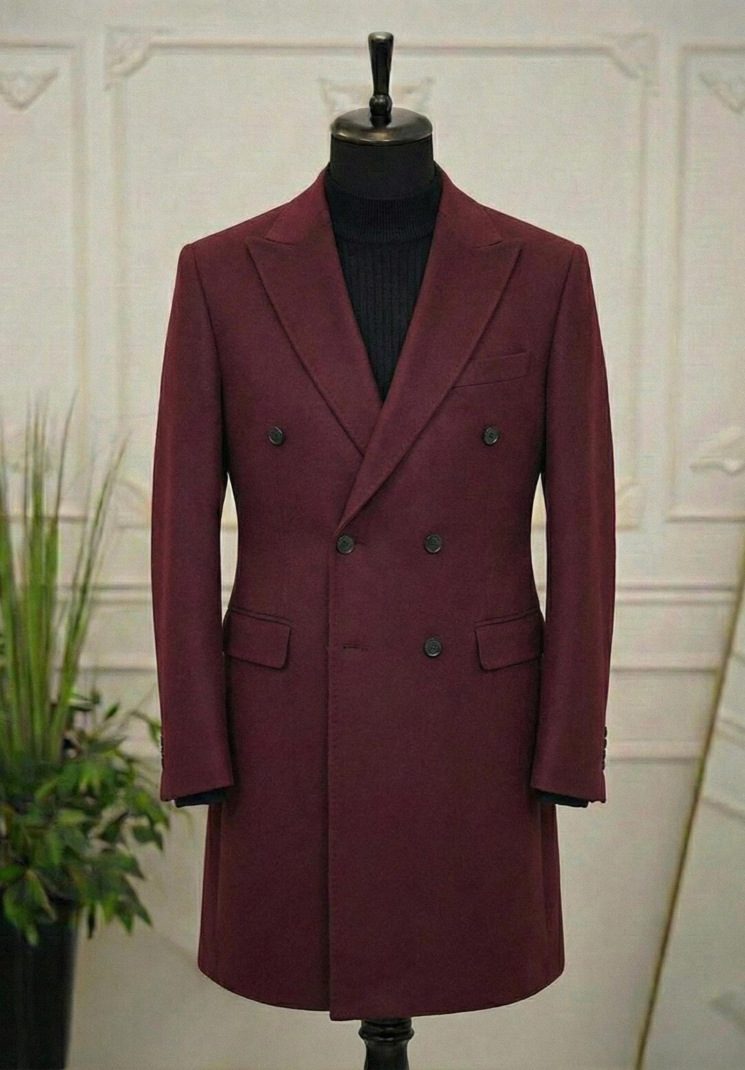 Custom Burgundy Men's Overcoat - Double-breasted Slim Fit Winter ...