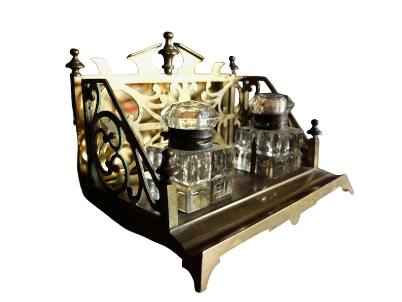 Antique Double Inkwell Stand/ Letter Holder Desk Organizer/ Solid ...