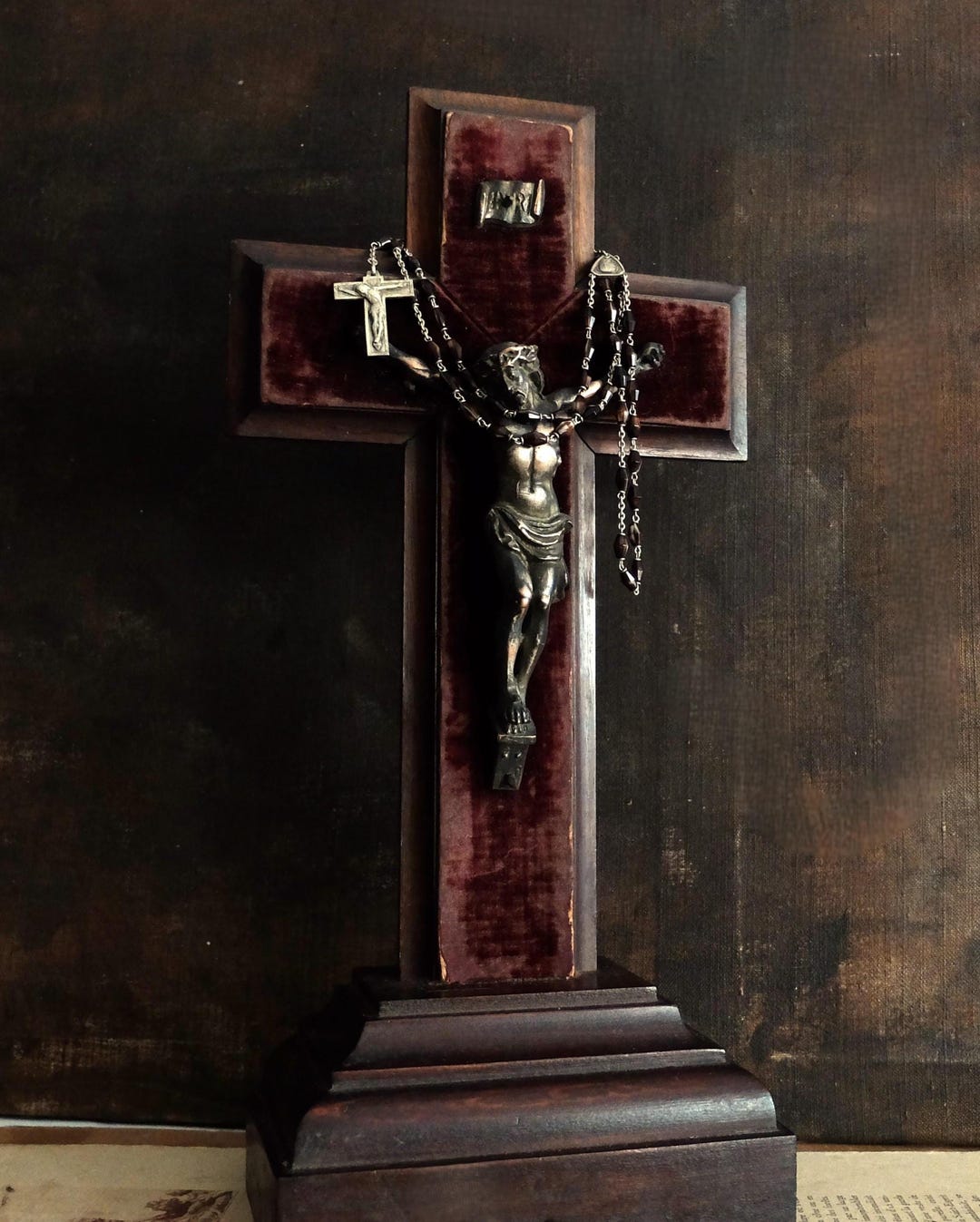 Antique Crucifix, Victorian Baroque/ Copper and Burgundy Velvet ...