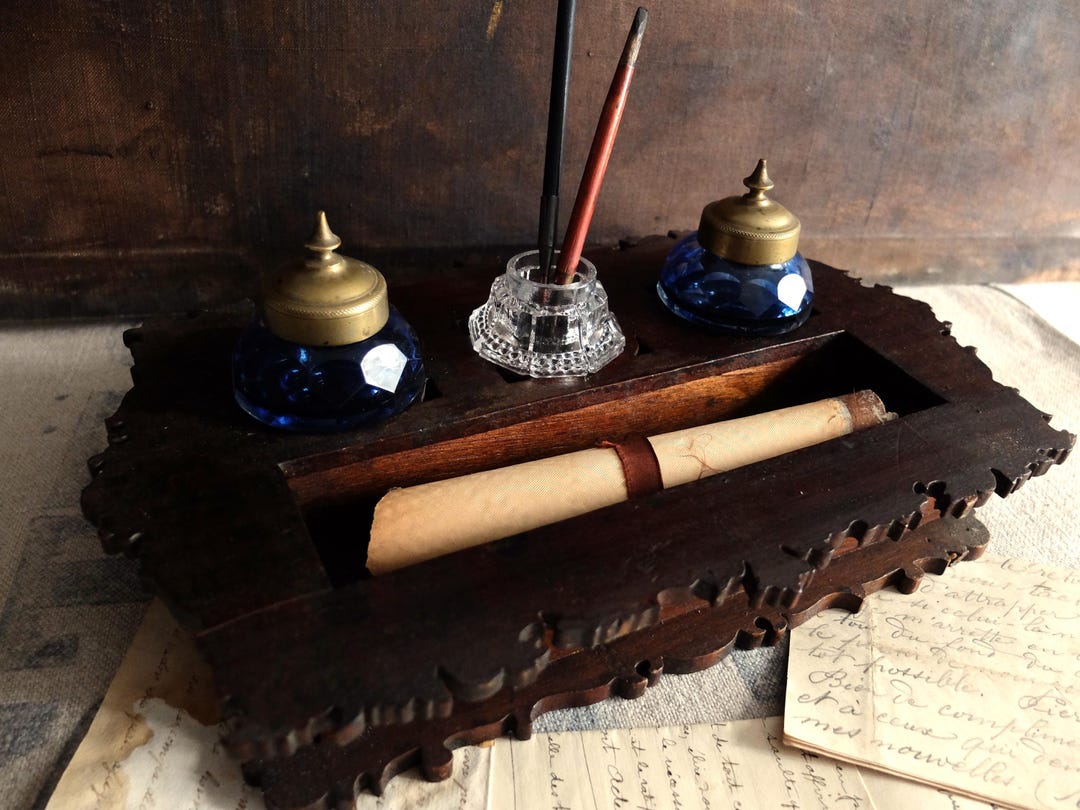 Antique French Carved Wood Inkwell Stand With Inkwells, Pen Rest / Ink ...