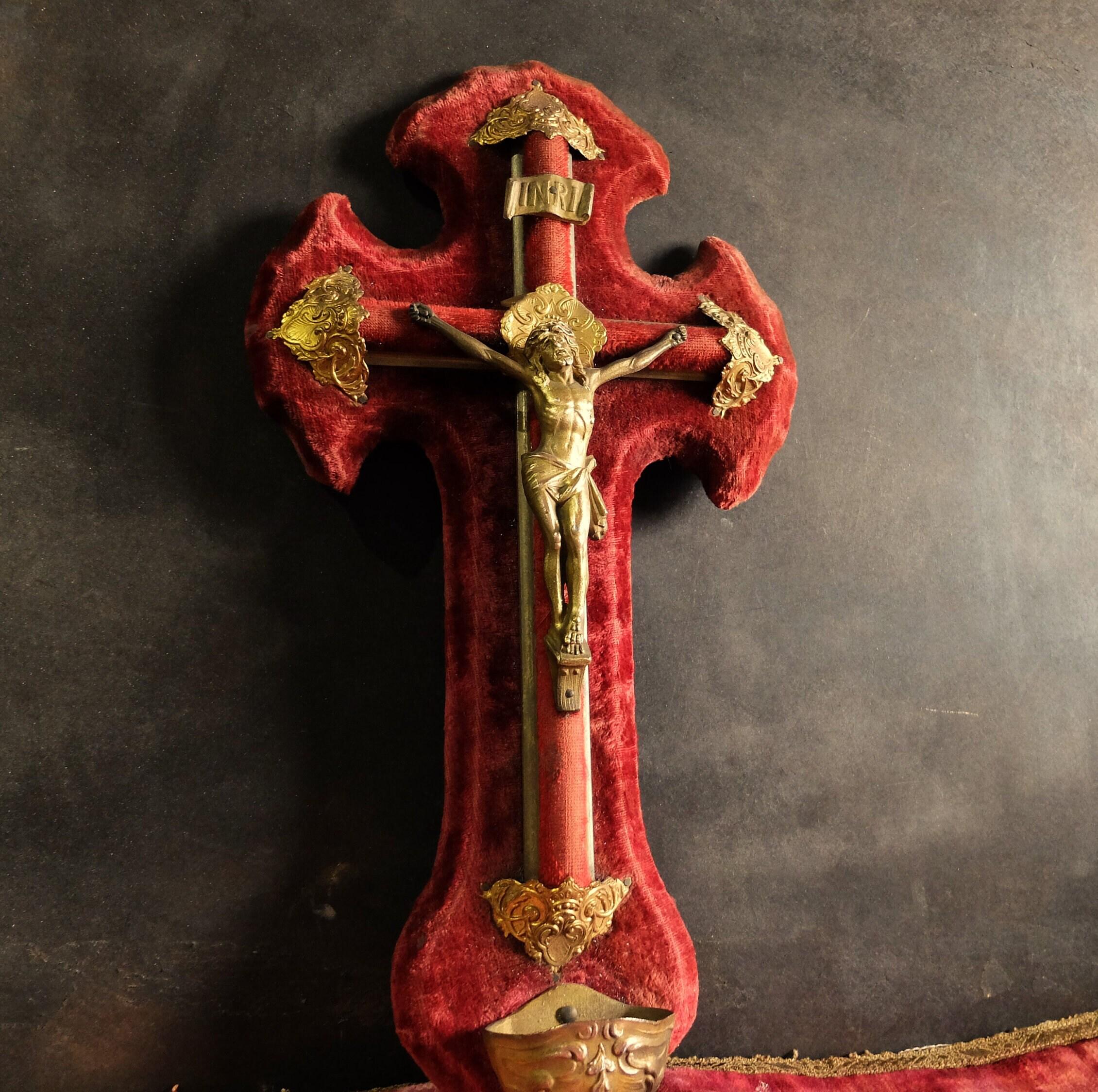 Antique French Red Velvet Crucifix or Cross/ Benetier Blessing Font ...