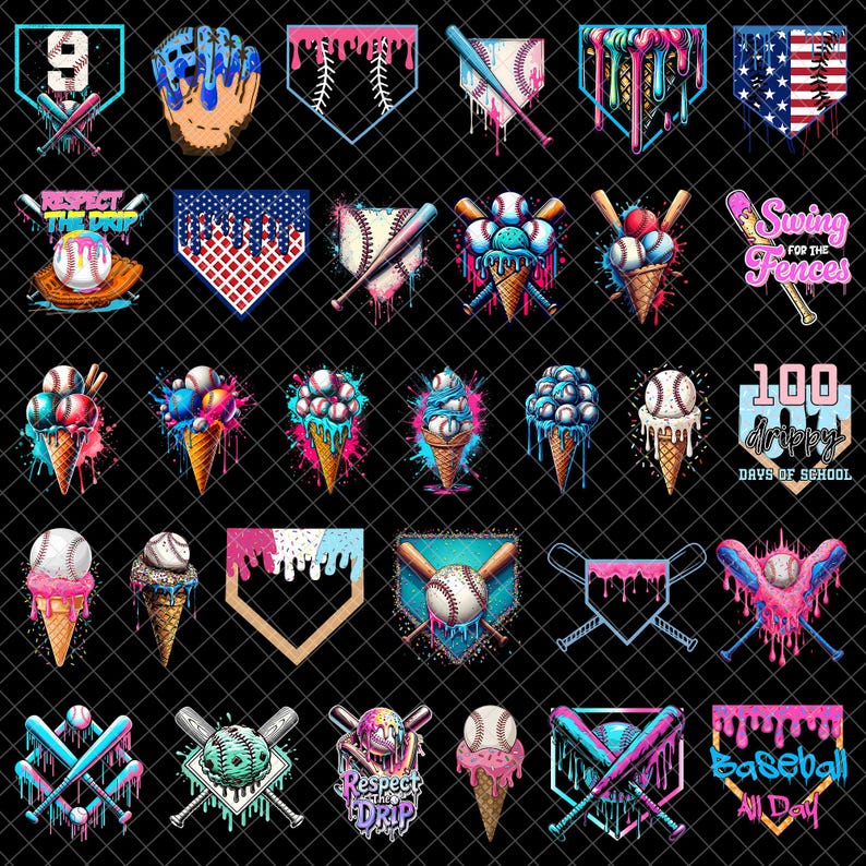 Baseball Ice Cream Drip Blue PNG Bundle, Baseball Youth Sport Team ...