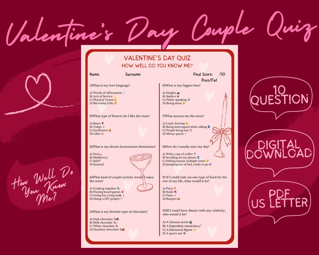 Valentine's Day Couple Quiz | Printable Quiz | Fun Valentine's Day Quiz ...