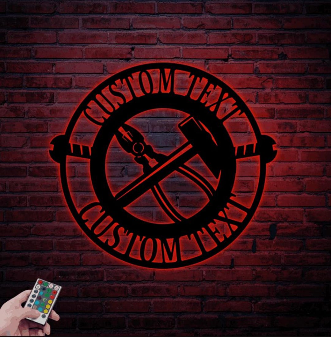 Custom Metal Name Garage Sign With LED Lights, Custom Mechanic Workshop ...