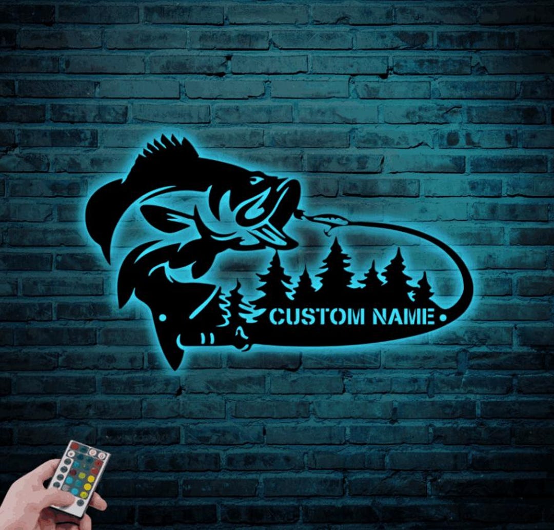 Custom Metal Fishing Sign With LED Lights, Bass Fishing Sign Cabin ...